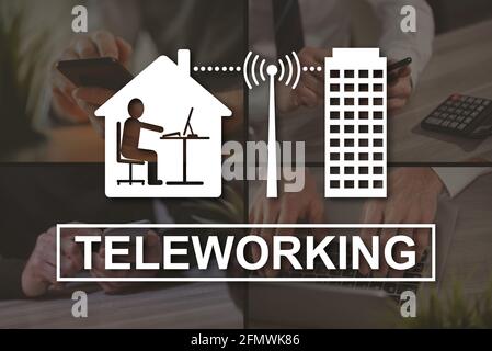 Teleworking concept illustrated by pictures on background Stock Photo ...