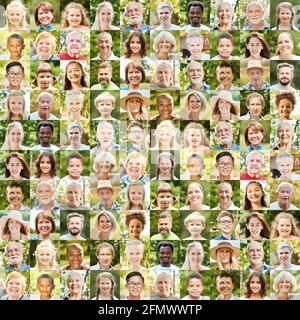Outdoor portrait collage of people of different generations on world ...