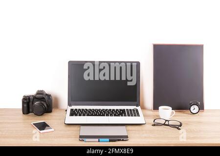 Typical hipster photographer workplace. Fashionable photo camera ...