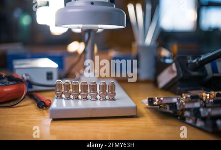 Large modern electron microscope. Microwave coaxial connector and ...