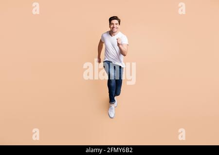 Full size photo of optimistic funky girl dance listen song wear red ...