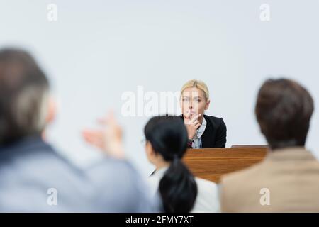speaker is asking a question during a business seminar Stock Photo - Alamy