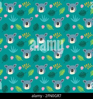 Cute Koala and Tropical plants Seamless pattern. Cartoon Hand Drawn ...