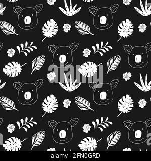 Cute Koala and Tropical plants Seamless pattern. Cartoon Hand Drawn ...