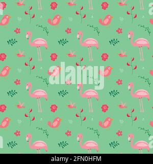 Cute Flamingo and Tropical plants Seamless pattern. Hand Drawn Animal ...