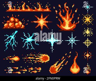 Pixel fire animation. Red hot flame, burning effect fire border and ...
