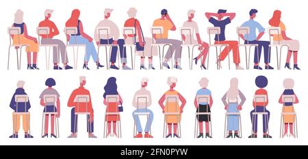 Audience back view. People sitting on chair rows isolated on white ...