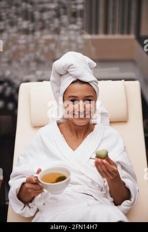 Photo of charming sweet young lady dressed blue shirt glasses smiling ...