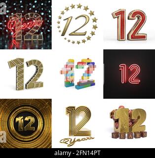 3d illustration of a 12 anniversary. golden numbers on a festive ...