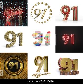 Set of number 91 (number ninety-one) celebration design. Anniversary number template elements ...