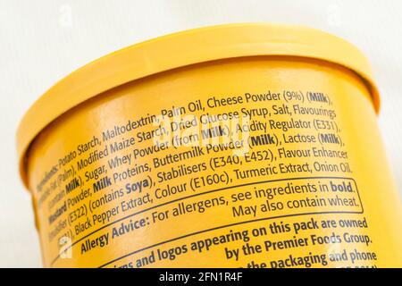 Close-up shot of Bisto Cheese Sauce Mix ingredient list showing E ...