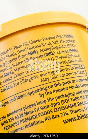 Close-up shot of Bisto Cheese Sauce Mix ingredient list showing E ...