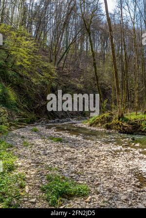 Idyllic scenery at river Kupfer in Hohenlohe, an area in Southern ...