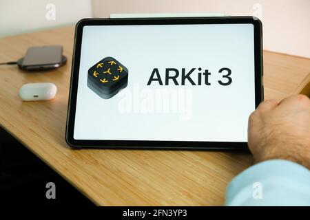 Apple ARKit 3 logo on the screen of iPad tablet. March 2021, San ...