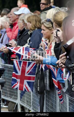 Crowd Waving Union Jack Flags Outside Buckingham Palace Trooping The ...