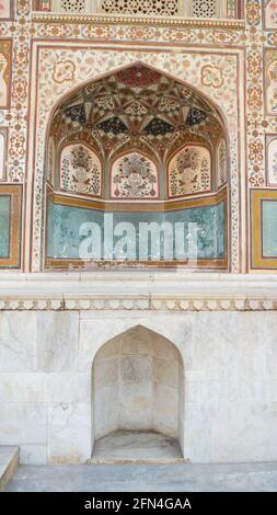 Vertical shot of the details of the majestic Amber Fort near Jaipur ...