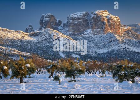 Roques de Benet rocks, near Horta de Sant Joan, in a winter snowy ...