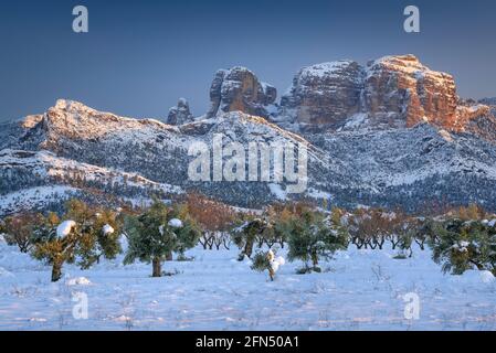 Roques de Benet rocks, near Horta de Sant Joan, in a winter snowy ...