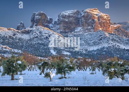 Roques de Benet rocks, near Horta de Sant Joan, in a winter snowy ...