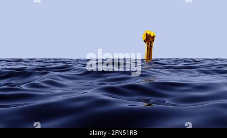 Surreal vaporwave concept with golden hand gesturing from underwater ...