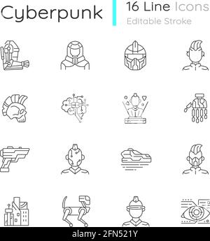 Cyberpunk technology set of flat isolated icons with exoskeleton parts ...