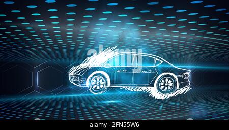 Composition of digital hexagons and blue spots over car drawing Stock ...