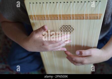 Woman holding a monochord, sound healing instrument in a therapy ...