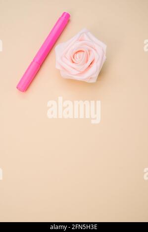 Closeup shot of a marker and a fully bloomed rose isolated on a pink ...