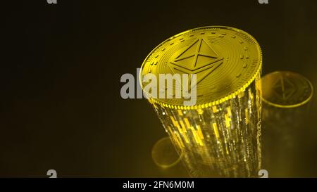 Bitcoin digital hologram transition with a gold tint and space for text ...