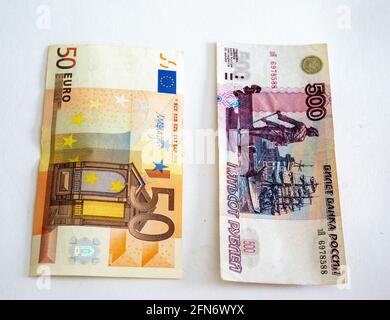 selective focus of russian banknotes isolated on white with copy space ...