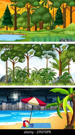 Three different forest horizontal scenes illustration Stock Vector ...