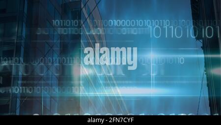 Composition of binary coding over modern office buildings background Stock Photo - Alamy