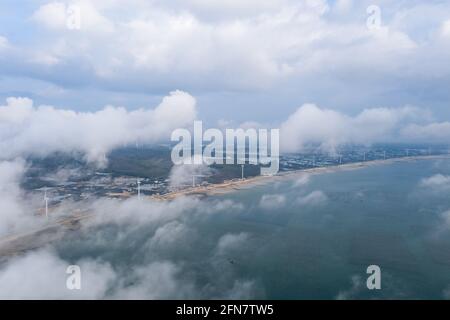 Aerial view of Fujian coastline, fishing village in Dongshan Island ...
