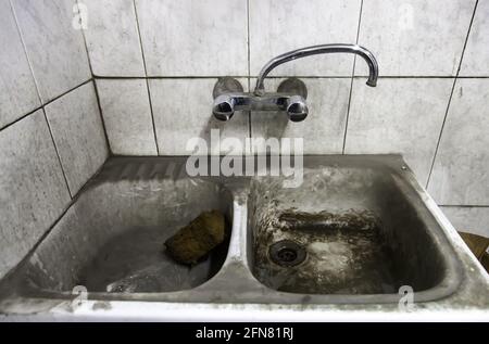 Dirty and unsanitary bathroom in bar, bacteria and germs infection ...