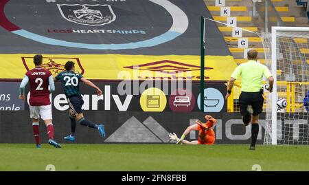 BURNLEY, UK. MAY 15TH Rodrigo Moreno of Leeds United is challenged by ...