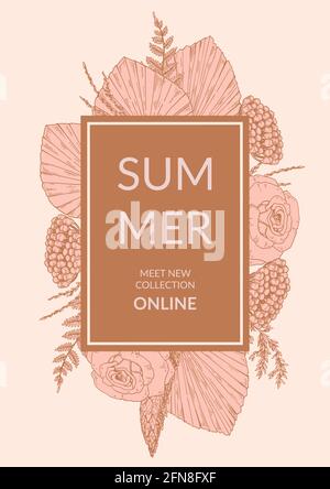 Summer vertical modern floral design with hand drawn botany elements ...