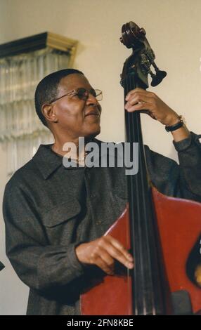 Bob Cranshaw, Swinging Jazz Party, Blackpool, 2005; backstage holding ...