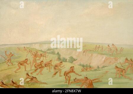 Native American war party attacking a wagon train of settlers on the ...