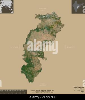 Chhattisgarh, state of India. High resolution satellite map. Corner ...