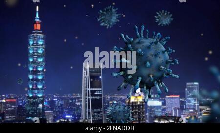 3D illustration. Taiwan tall buildings in the capital with Coronavirus ...