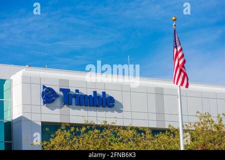 Trimble sign on headquarters. Trimble develops positioning technology ...