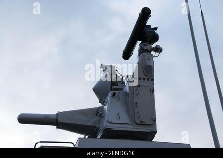 A Goalkeeper rotary cannon (Gatling-type) CIWS on BNS Leopold I (F930 ...