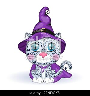 Cartoon snow leopard, leopard, akbars, irbis in purple witch hat and ...