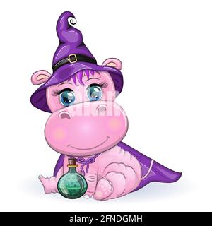 Cartoon hippo with a potion in a purple witch hat and cloak. Halloween ...