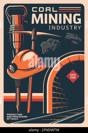 Ore and coal mining poster, mine industry factory and miner equipment ...