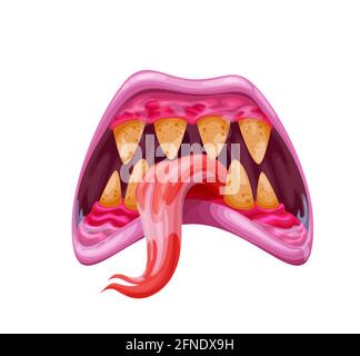 monster mouth sharp fangs and forked tongue, cartoon vector ...