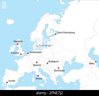 Map of Europe with European tournament host cities. Vector illustration ...