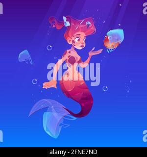 Mermaid with puffer fish in plastic bag underwater in sea. Ocean ...