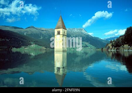 Church tower of Reschen in the Reschen reservoir, taken from the ...
