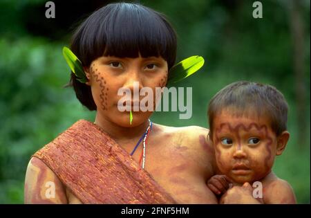 Mother and child yanomami Indians in Molaca communal dwelling, Roraima ...